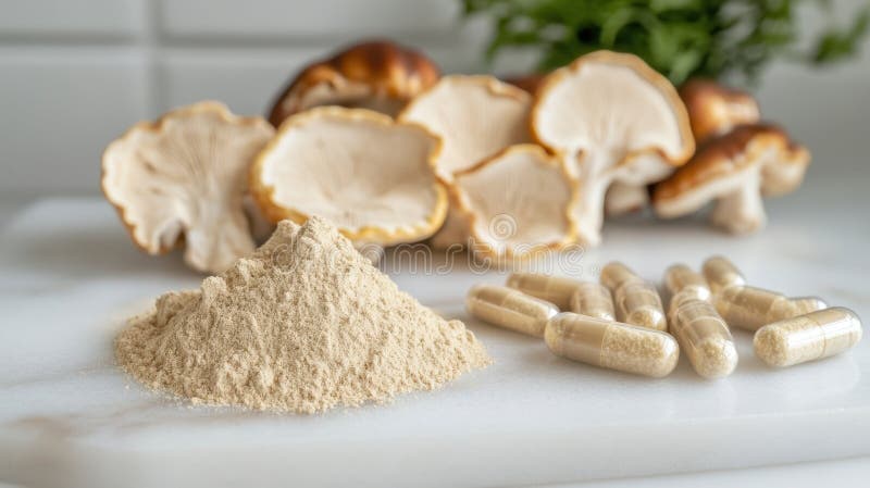 Mushroom Powder and Capsules with Fresh Mushrooms on Kitchen Counter ...