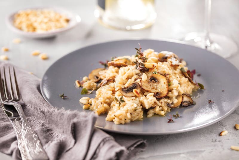 Mushroom Risotto on White Grey, Close Up View. Stock Image - Image of ...