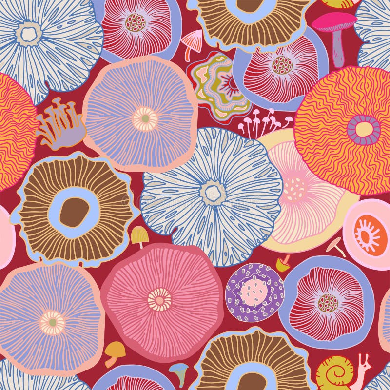 Mushroom Seamless Pattern. Top View Colourful Hand Drawn Illustration ...