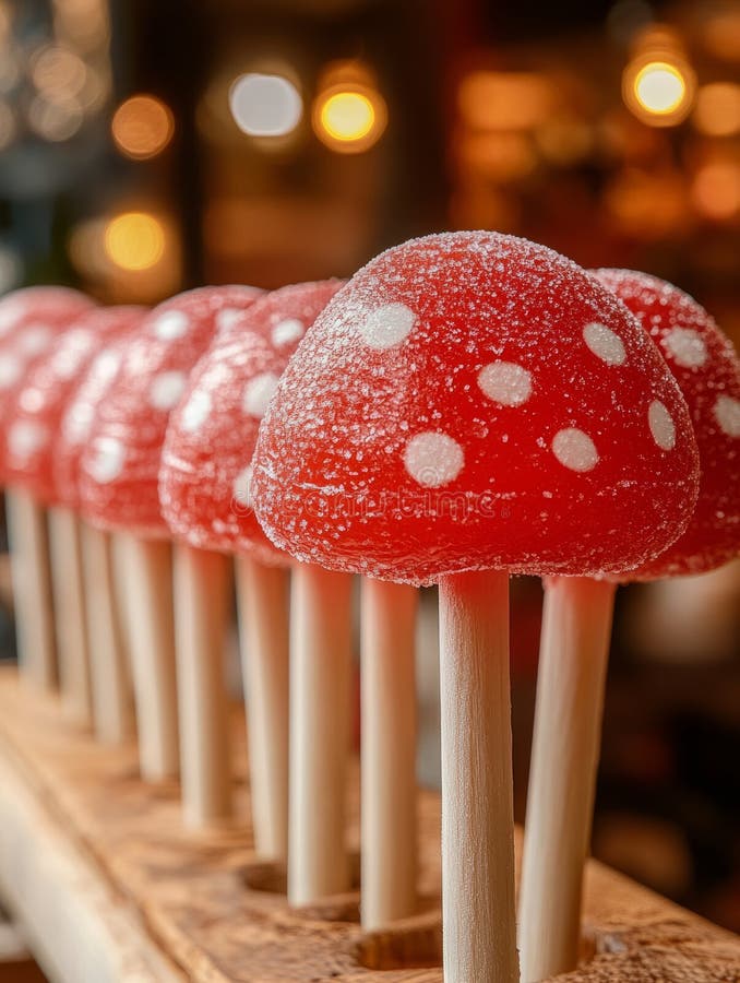 Mushroom-shaped Candy Lollipops in a Row Stock Photo - Image of food ...
