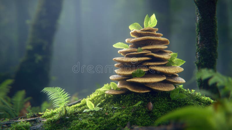 Mushroom Stack Surrounded by Ferns and Greenery in a Serene Forest ...