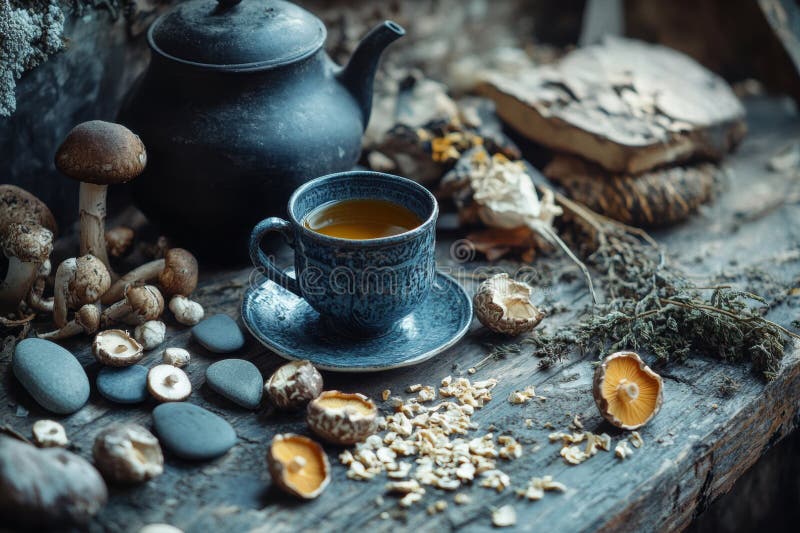 Organic Tea Setting, Mushroom Tea Surrounded by Natural Elements on a ...