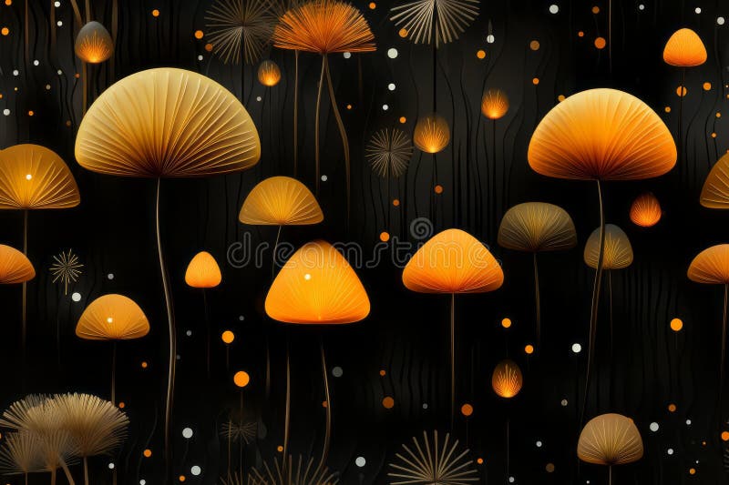 Mushrooms on a Black Background with Orange Lights Stock Illustration ...