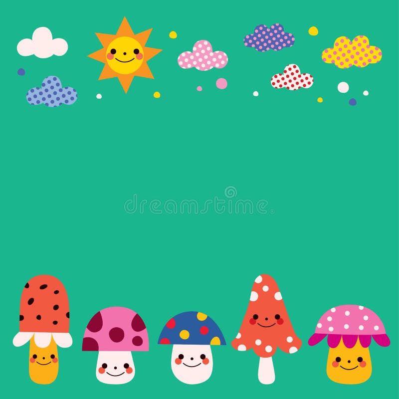 Mushrooms, Clouds, Sun Nature Background Illustration Stock Vector ...