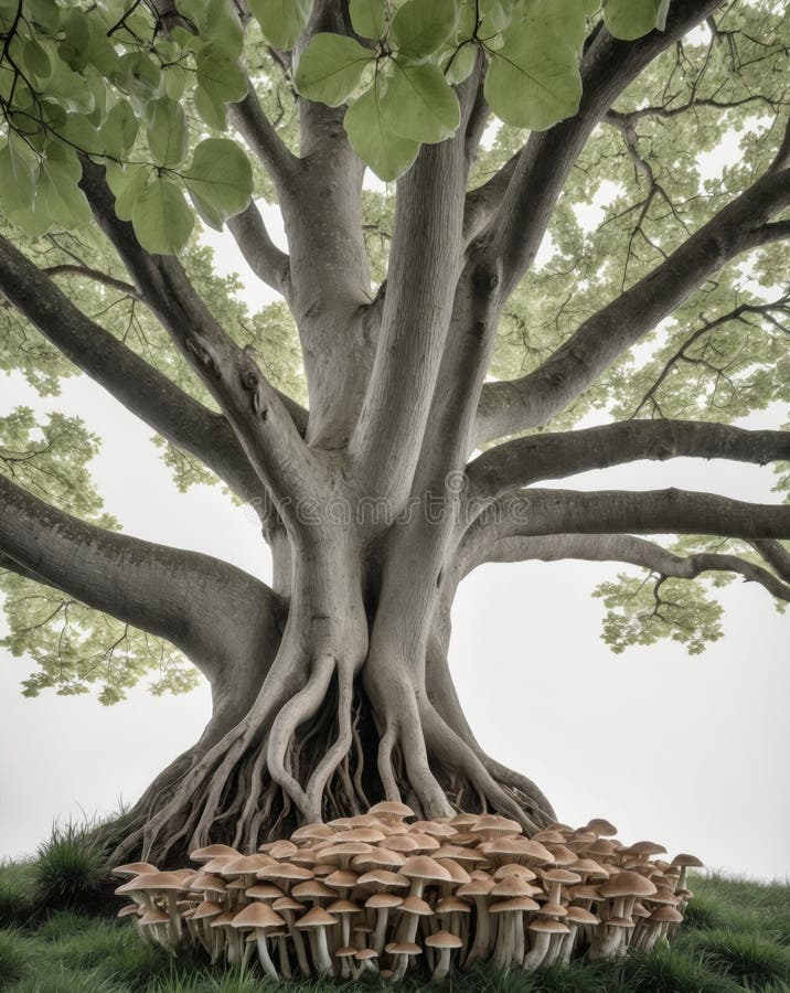 Mushrooms Growing at the Base of a Large Oak Tree. Stock Photo - Image ...