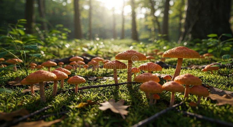 Mushrooms Growing in Forest Sunlight with Moss Ground Stock Illustration - Illustration of ...