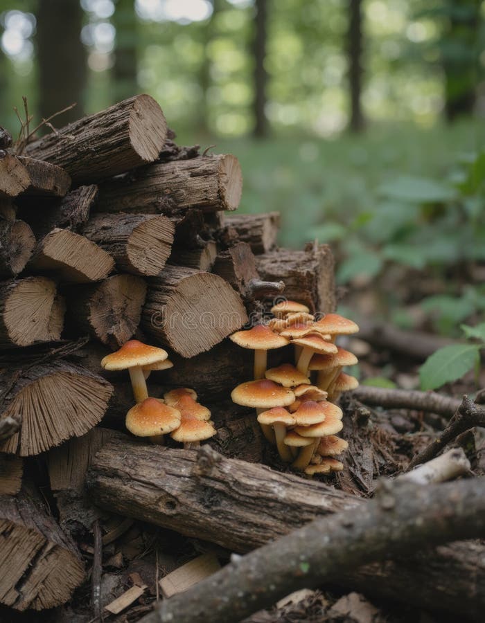 Mushrooms Growing on a Stack of Logs in a Serene Forest Setting Stock ...