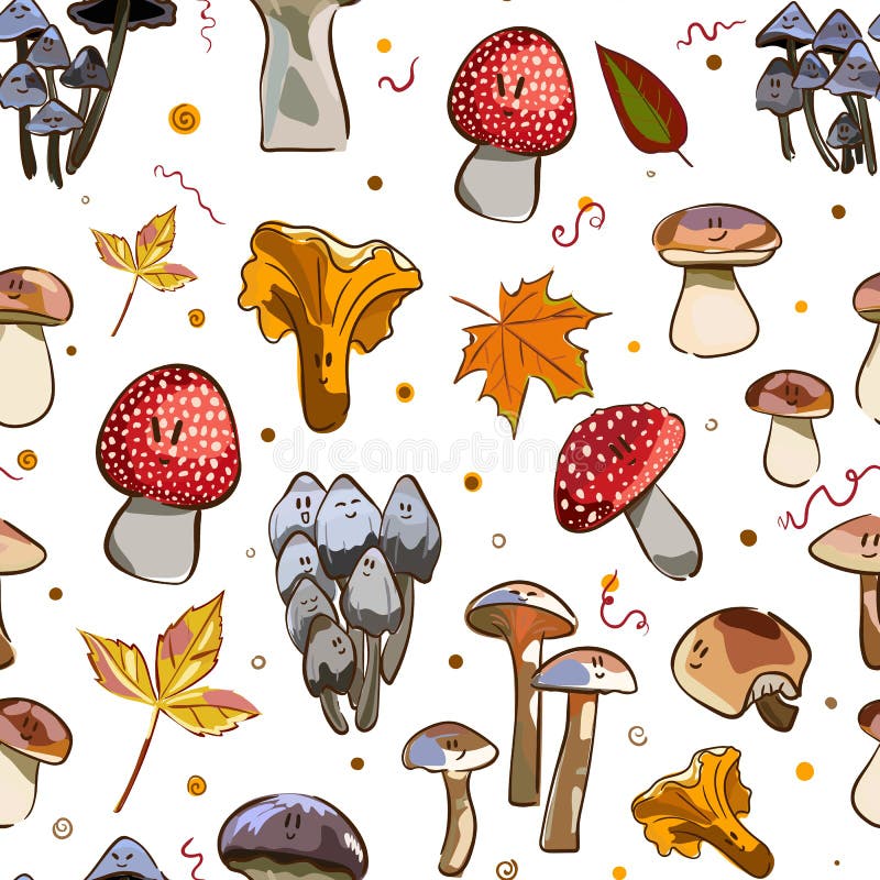 Mushrooms Seamless Pattern. Cartoon Style. Template for Design ...