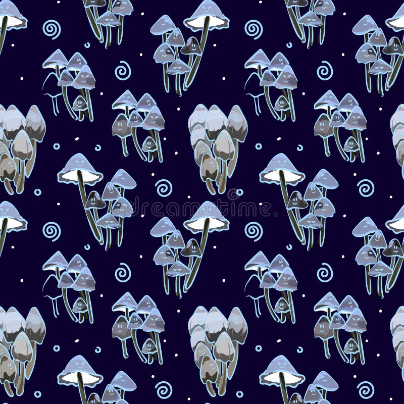 Mushrooms Seamless Pattern. Glowing Mushrooms. Bright Psychedelic ...