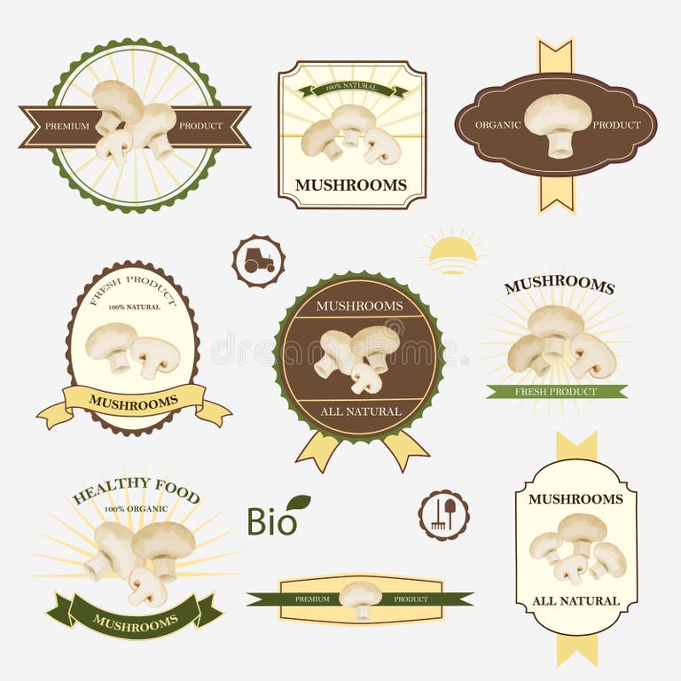 Mushrooms, Set of Label Design Stock Vector - Illustration of natural ...