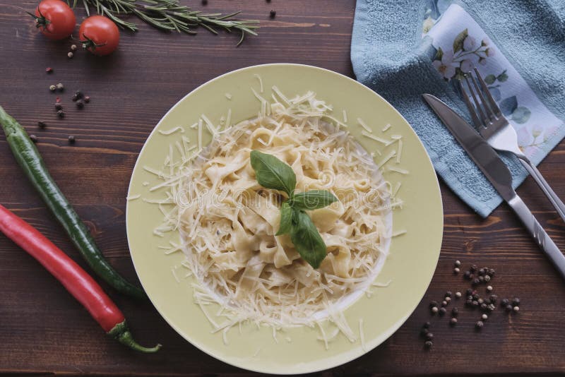 Mushrooms Spaghetti Pasta Decorated with Fresh Basil Stock Image ...