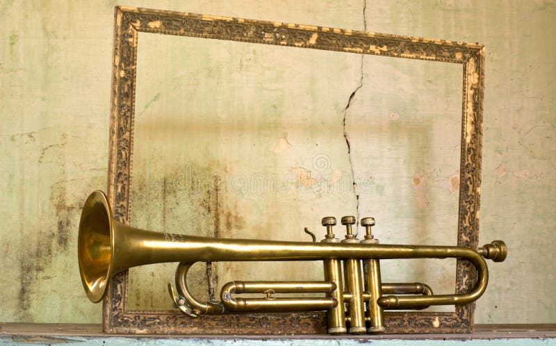 An Ancient Trumpet from the Forties, in an Old Frame Stock Photo ...
