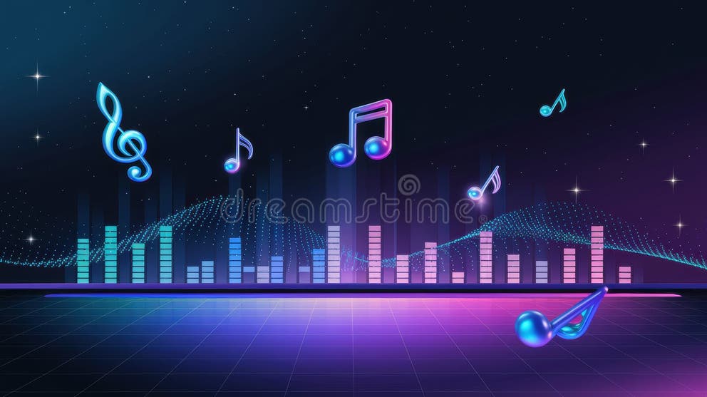 Music Background with Neon Equalizer and Floating Notes Stock ...