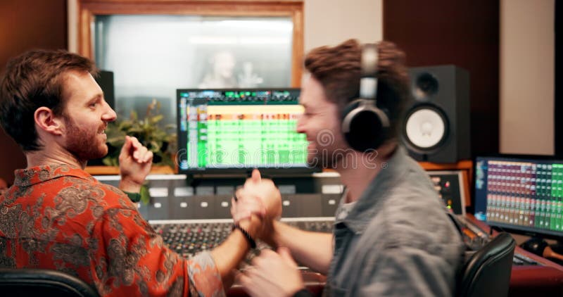 Music, Computer and Engineer in Recording Studio with High Five for ...