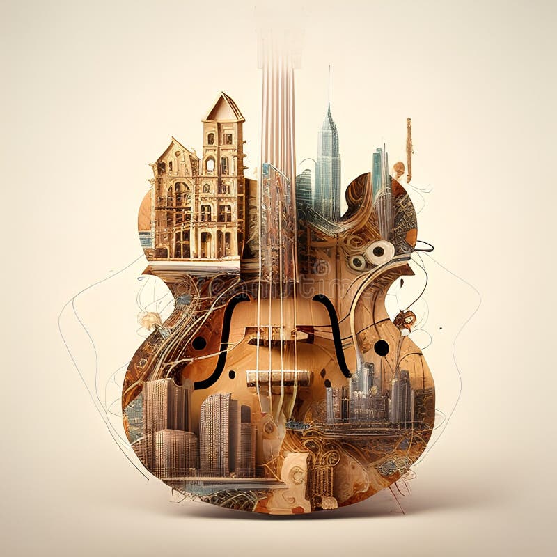 Music Concept with Violin and Cityscape. 3D Rendering Stock ...