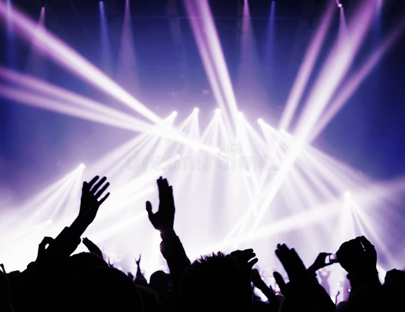 Concert, Disco Party. People with Hands Up in Night Club. Stock Photo ...