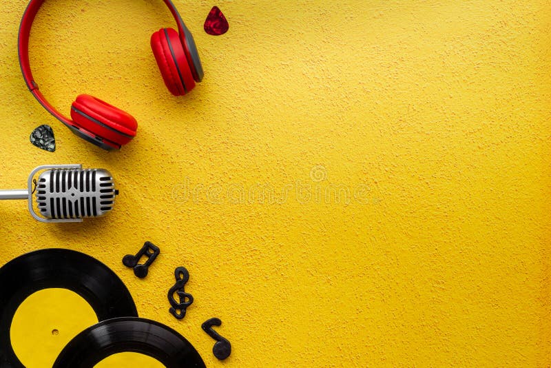 Music Flat Lay - Instruments with Vinyl Records, Overhead View Stock ...