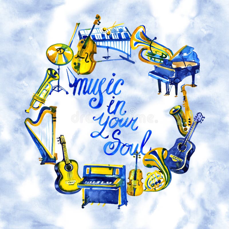 Music Frame with Musical Instruments and Notes. Hand Drawn Watercolor ...