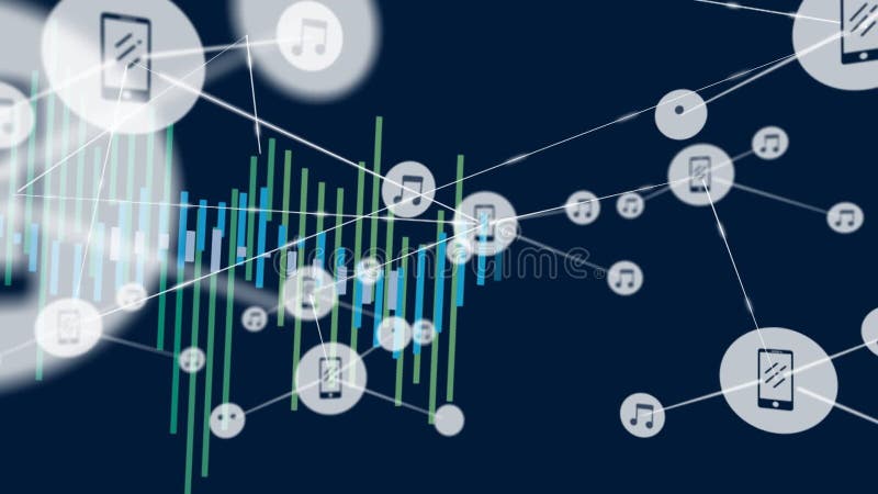 Music Icons and Animation with Data Graphs Interconnected on Dark Blue ...