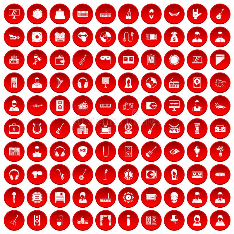 100 music icons set red stock vector. Illustration of drum - 96661916