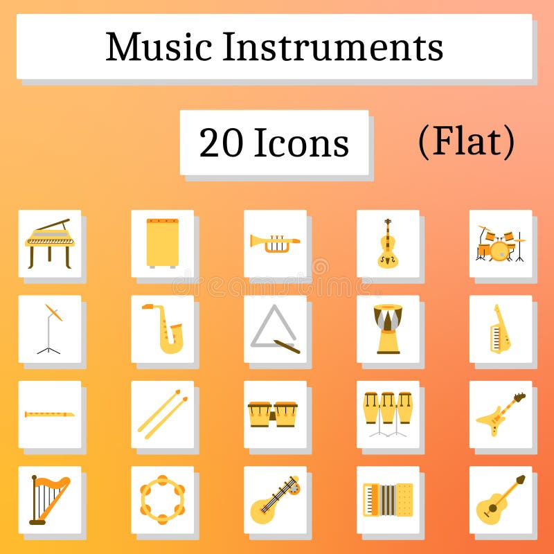 20 Music Instruments Flat Icon Set on Orange and White Square Stock ...