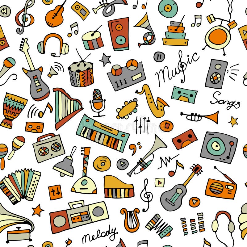 Music Instruments Sketch, Seamless Pattern for Your Design Stock Vector ...