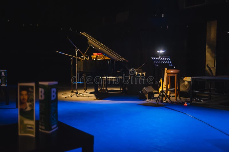 Music Instruments on Stage in Dark Studio Stock Image - Image of tools ...