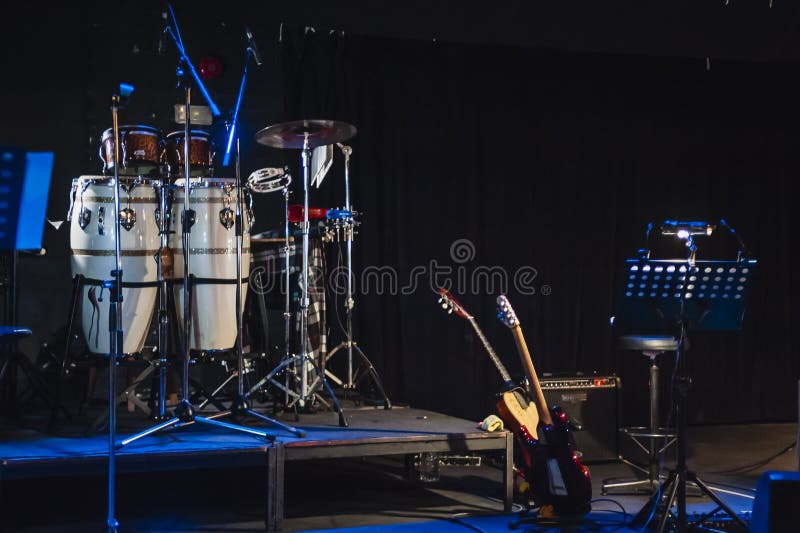 Music Instruments on Stage in Dark Studio Stock Image - Image of music ...