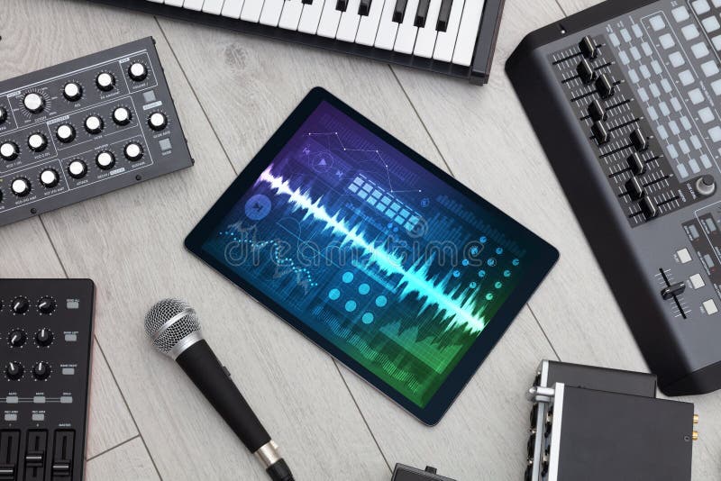 Music Instruments and Tablet with Recording App Stock Image - Image of ...