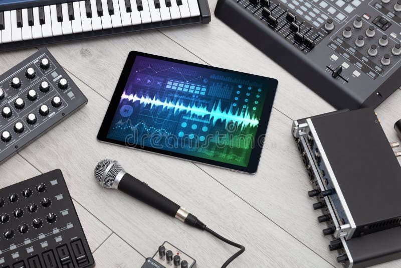 Music Instruments And Tablet With Recording App Stock Image - Image of ...