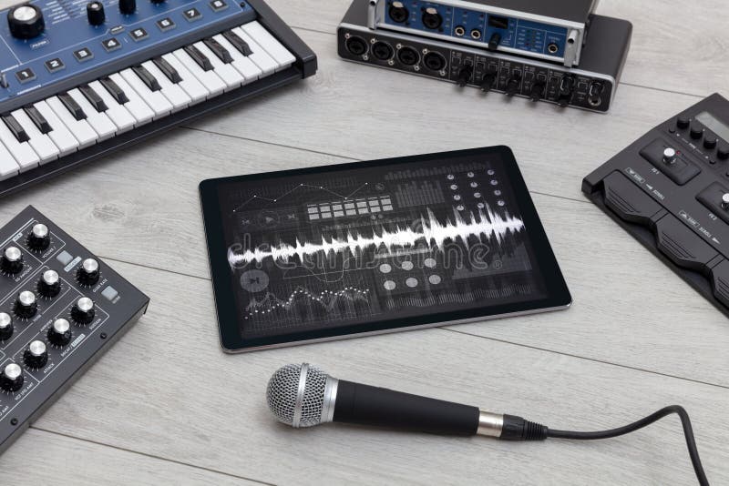 Music Instruments and Tablet with Recording App Stock Photo - Image of ...