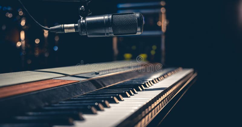 Music Keys and a Microphone on a Dark Background. Stock Photo - Image ...