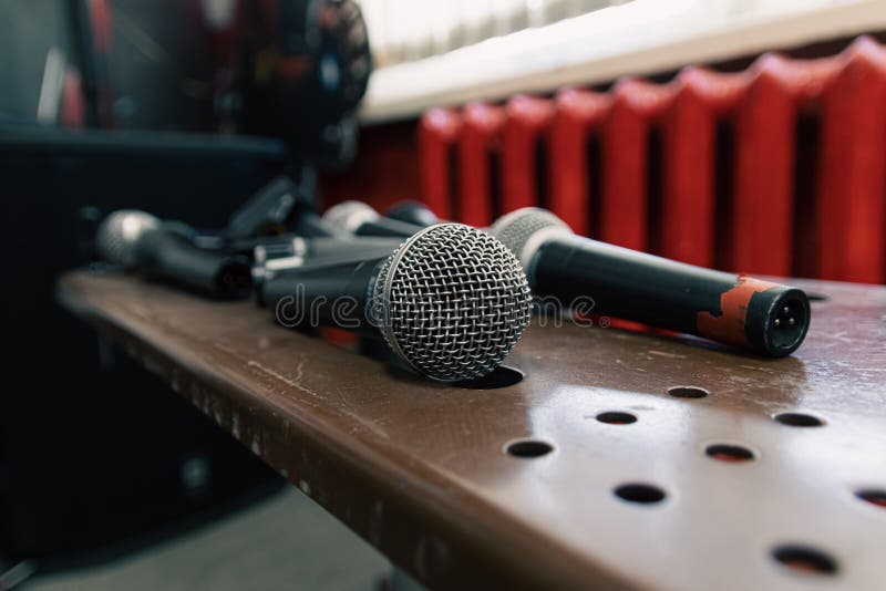 The Music Microphones are on the Table in the Studio Stock Image ...