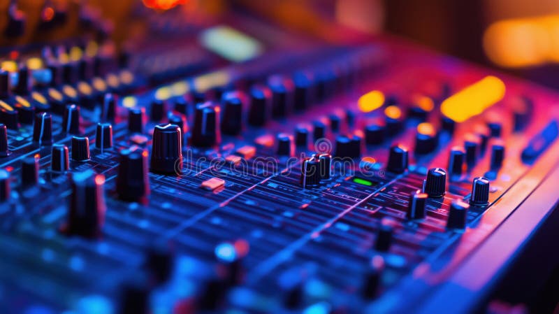 Music Mixing Console with Vibrant Lights and Knobs Stock Image - Image ...