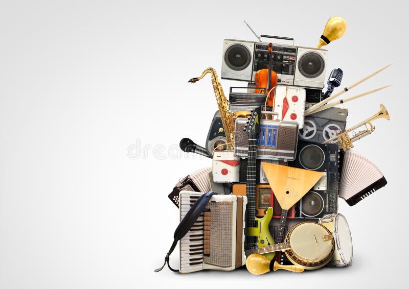 Stack Pile Collage of Various Musical Instruments in Shopping Cart ...