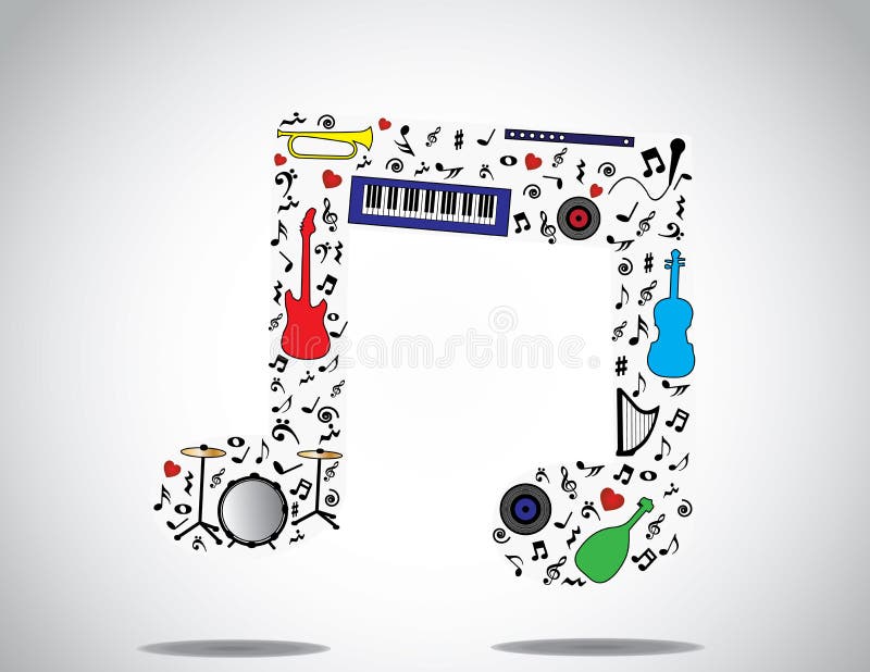 Music Note Icon Made Up of Different Musical Instruments and Notes with ...