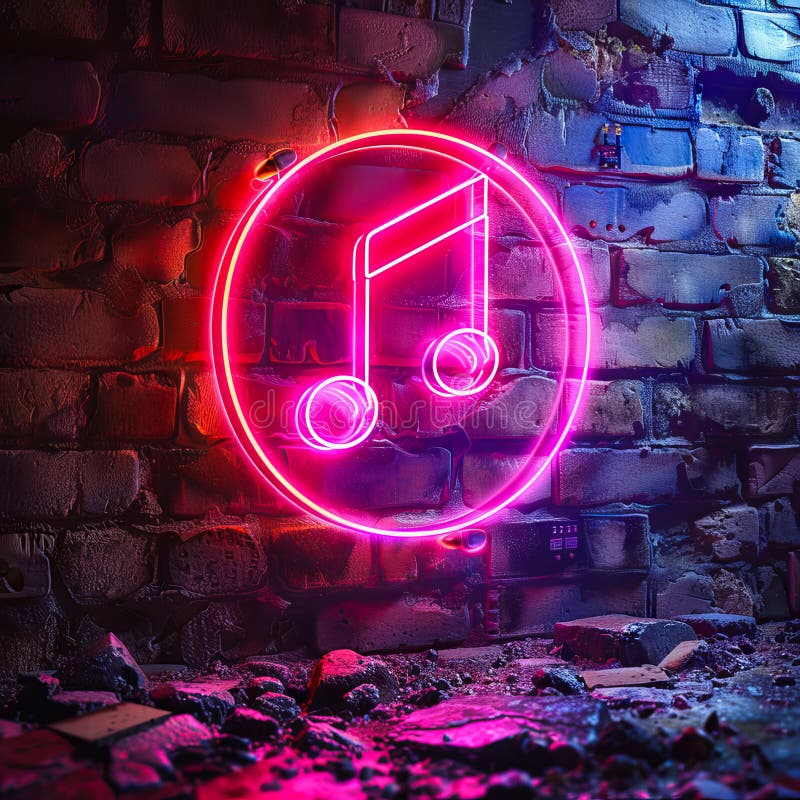 Music Note Neon Sign on a Brick Wall Stock Illustration - Illustration ...