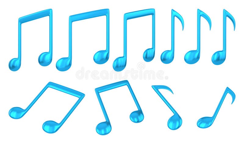 Music Note Set. Isolated Blue Metallic Music Sign. 3D Rendering. Stock ...