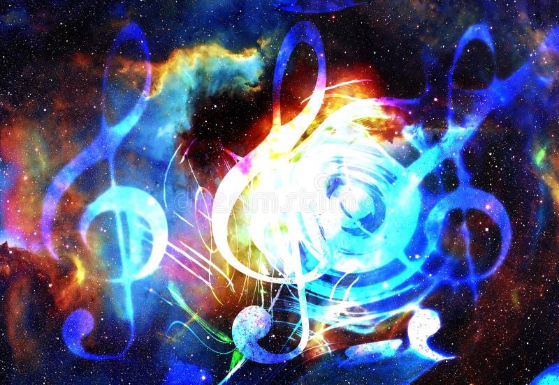 Music Notes and Clef in Space with Stars. Abstract Color Background ...