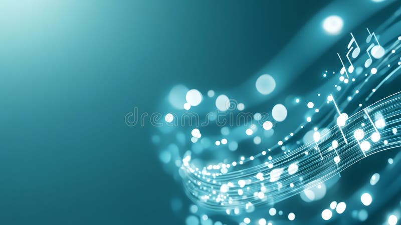 Music Notes Flowing on Turquoise Background with Bokeh Effect Stock ...