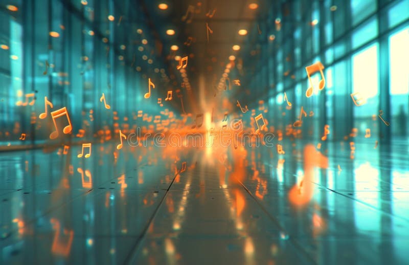 Music Notes Fluttering in the Air in a Glasswalled Hall Stock Image ...