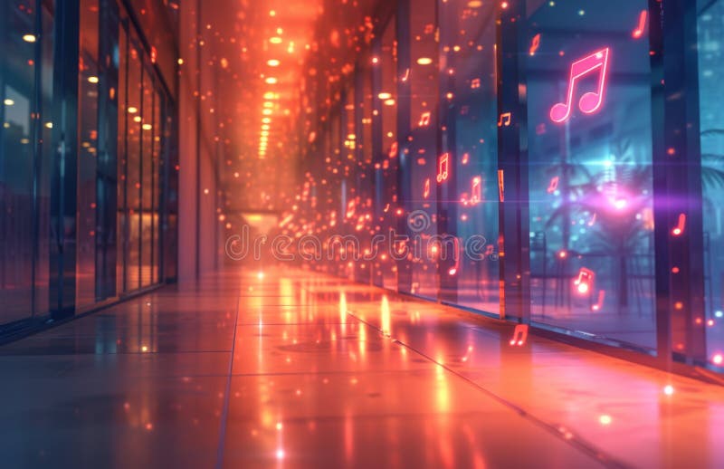 Music Notes Fluttering in the Air in a Glasswalled Hall Stock Photo ...