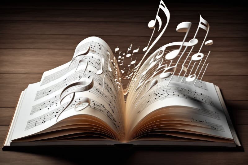 Music Notes in an Open Book on a Wooden Table Play a Symphony Stock ...