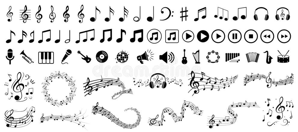 Music Notes Set Icons, Musical Notes Wave, Clef, Musical Instruments ...