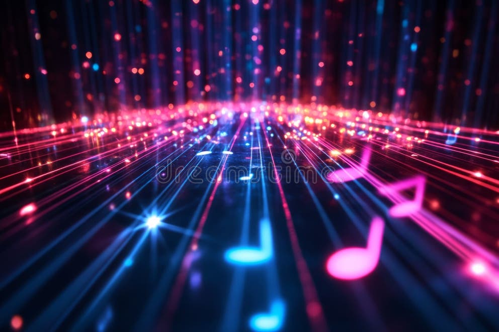 Music Notes are Streaming on a Digital Data Stream with Glowing Pink ...