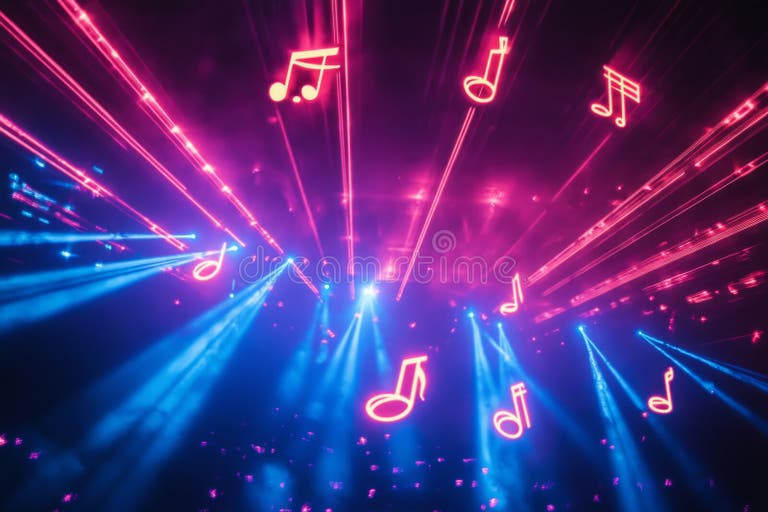 Music Notes are Streaming on a Digital Data Stream with Glowing Pink ...
