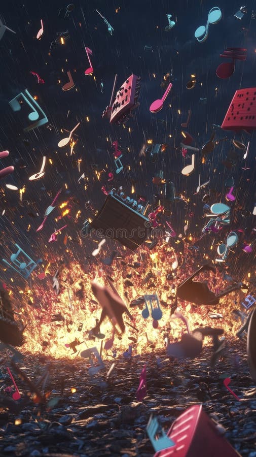 Music Notes and Symbols Burst through Fiery Chaos Stock Illustration ...
