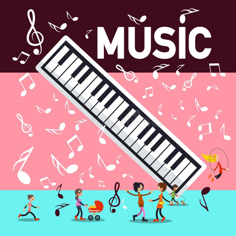 Music Party Background with Piano Keyboard, Notes and People Stock ...