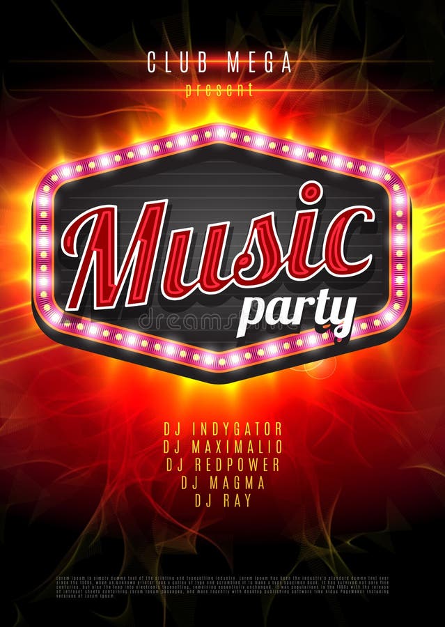 Music Party Vector Poster with a Light Frame on the Red Background ...