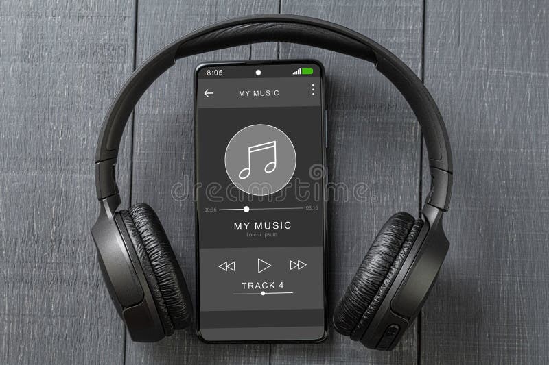 Music Player in Phone, Wireless Headphones and Phone Stock Photo ...